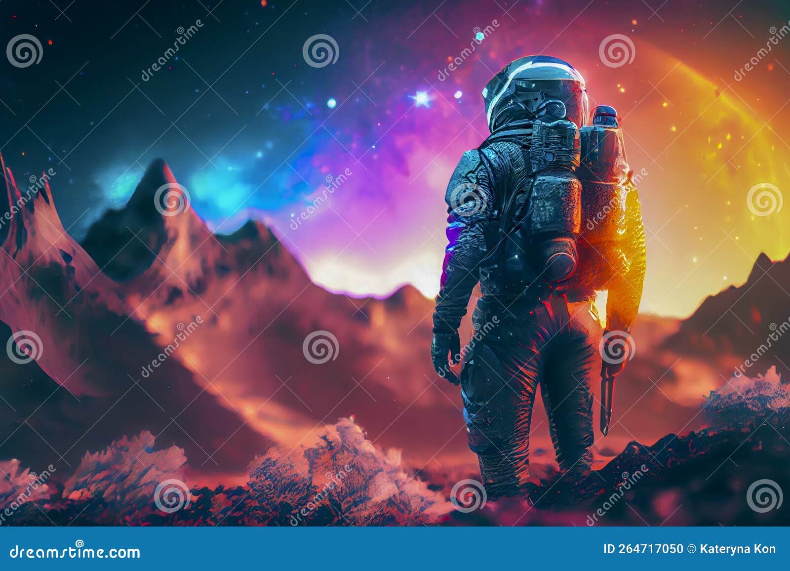 Alien Planet with a Spaceman, Sci-fi Ai Illustration Stock Illustration ...