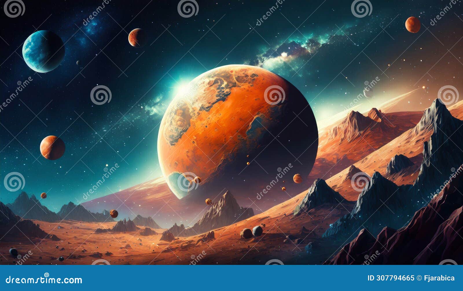 Alien Planet Surface Looking into Space with Other Planets Stock ...