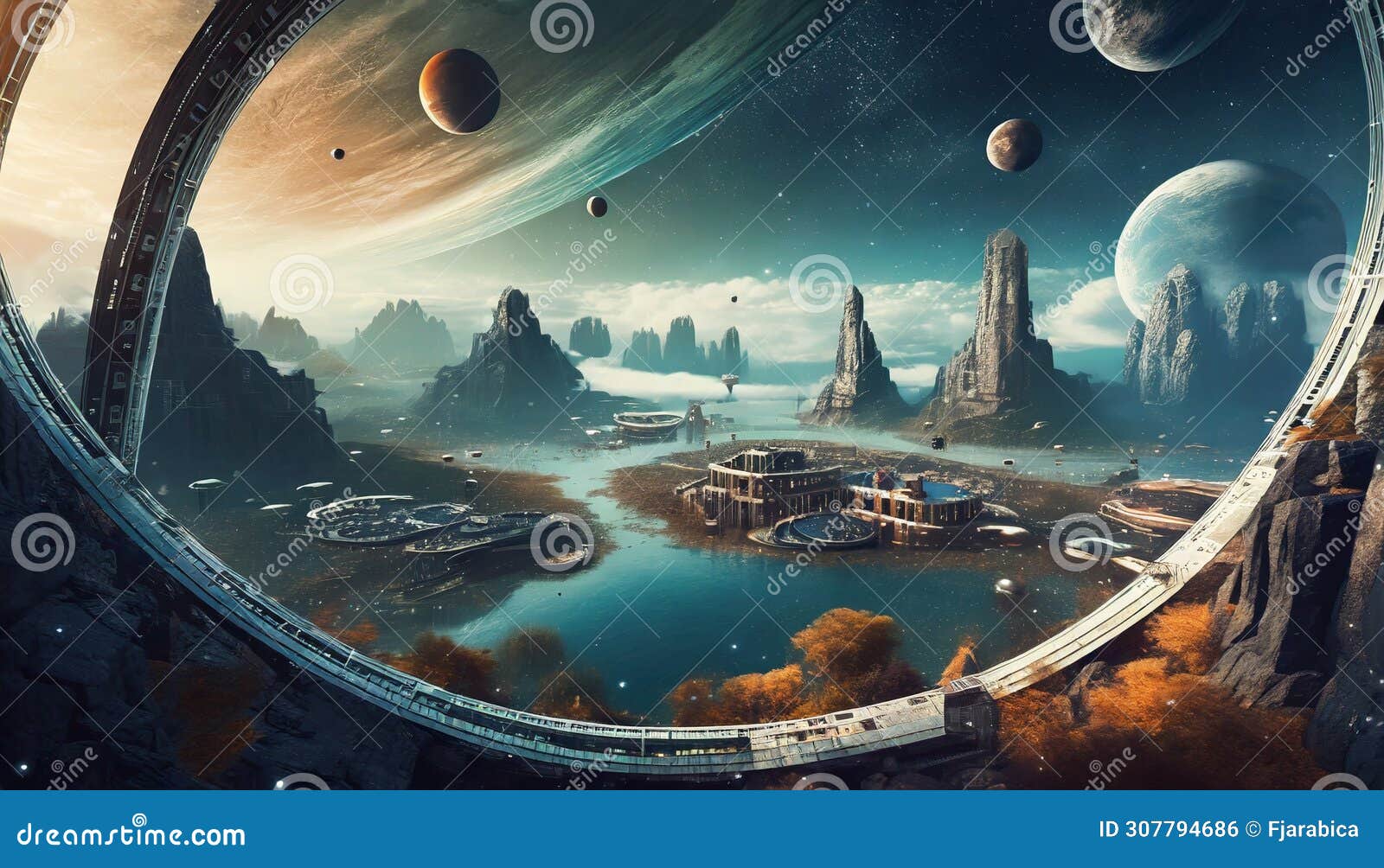 Alien Planet Surface Looking into Space with Other Planets Stock Photo ...