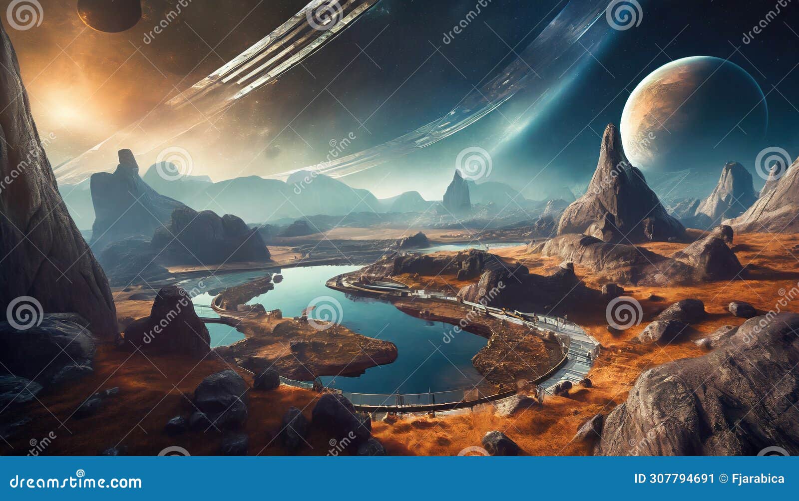 Alien Planet Surface Looking into Space with Other Planets Stock ...