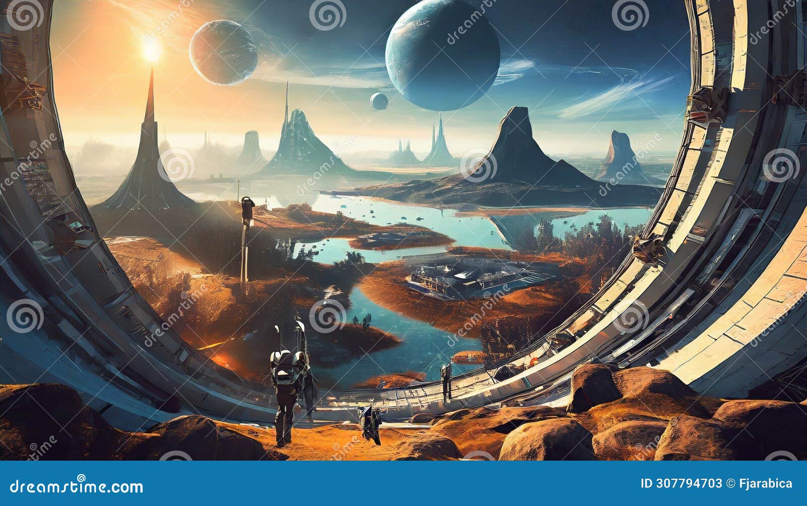 Alien Planet Surface Looking into Space with Other Planets Stock ...