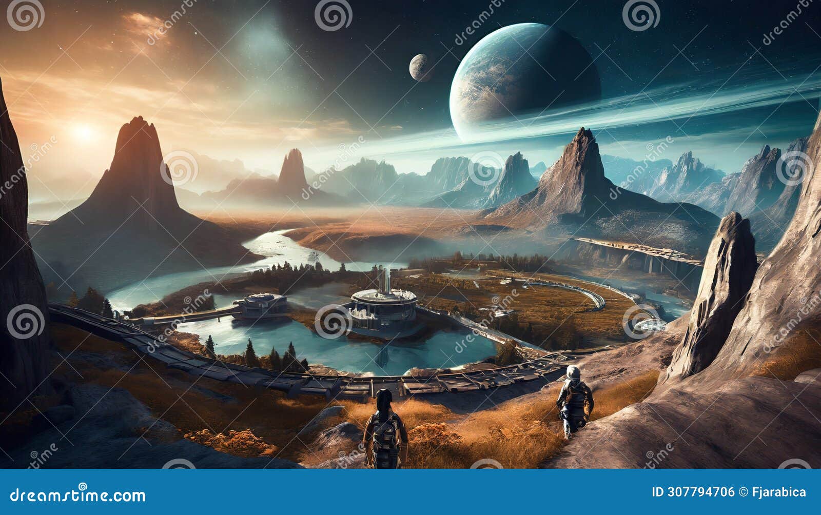 Alien Planet Surface Looking into Space with Other Planets Stock ...