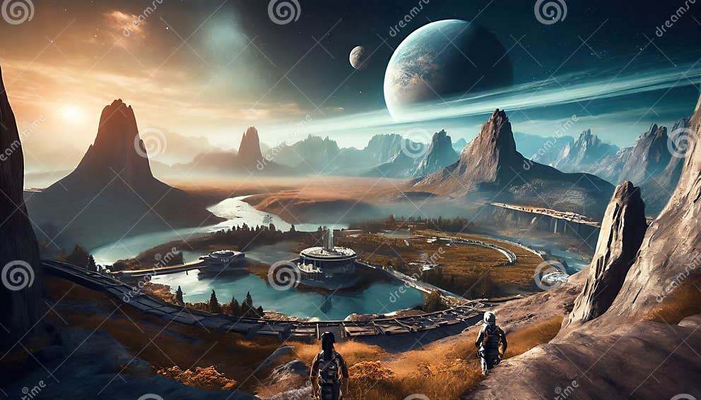 Alien Planet Surface Looking into Space with Other Planets Stock ...