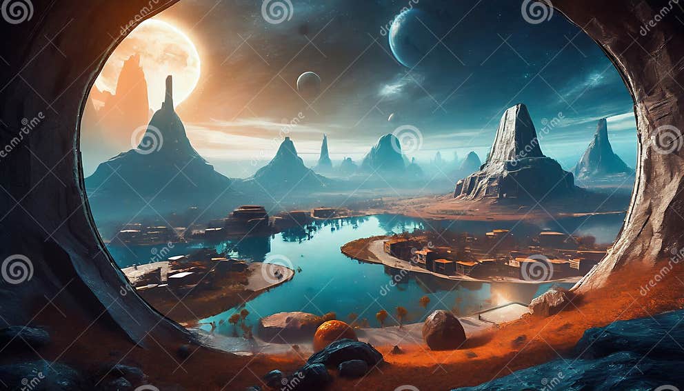 Alien Planet Surface Looking into Space with Other Planets Stock ...