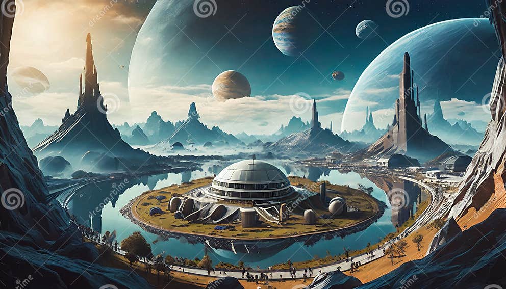 Alien Planet Surface Looking into Space with Other Planets Stock ...