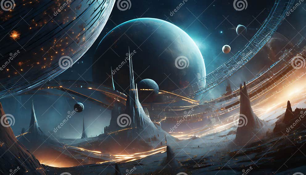 Alien Planet Surface Looking into Space with Other Planets Stock ...