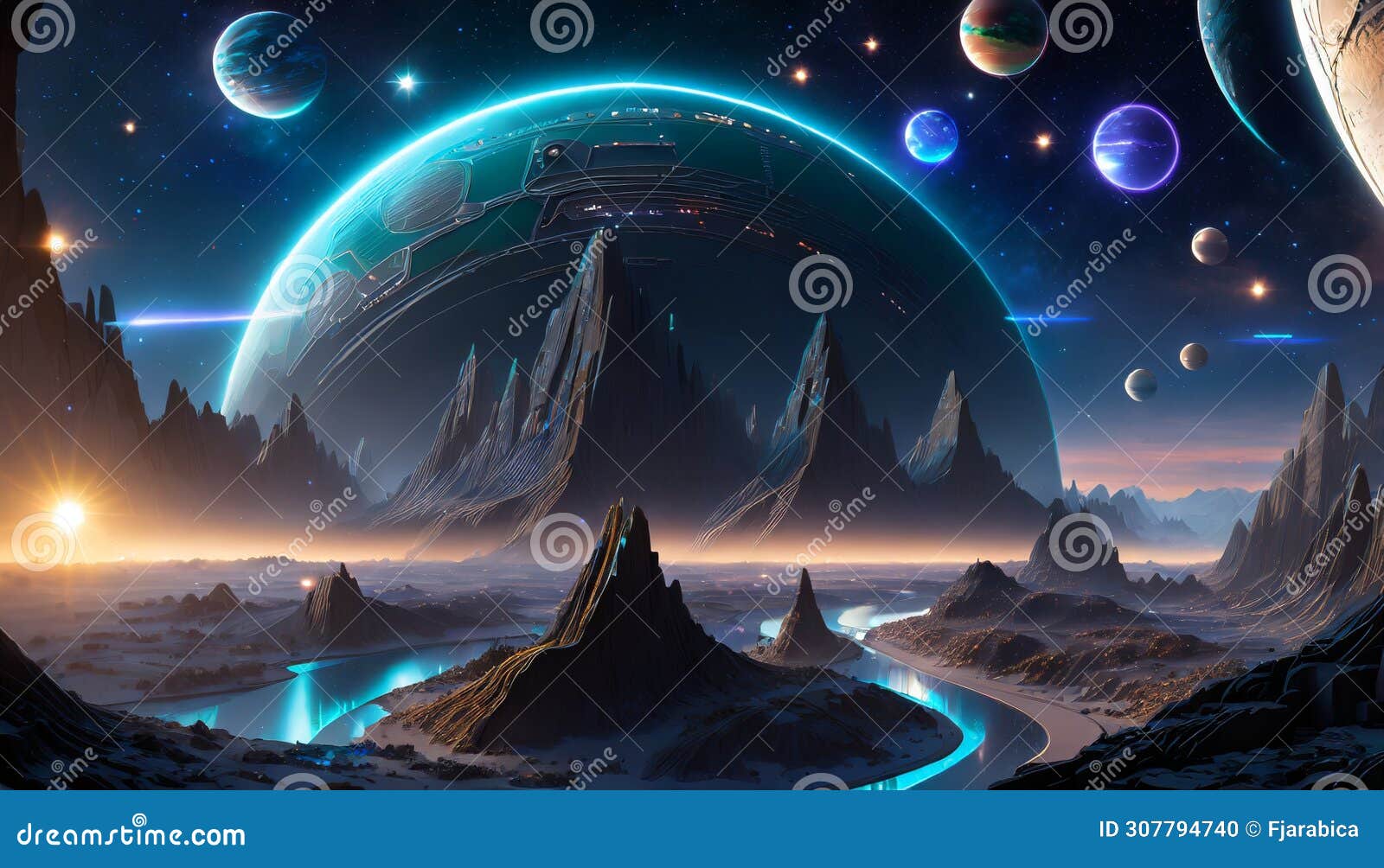 Alien Planet Surface Looking into Space with Other Planets Stock ...