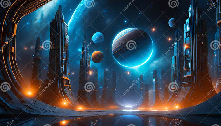 Alien Planet Surface Looking into Space with Other Planets Stock ...