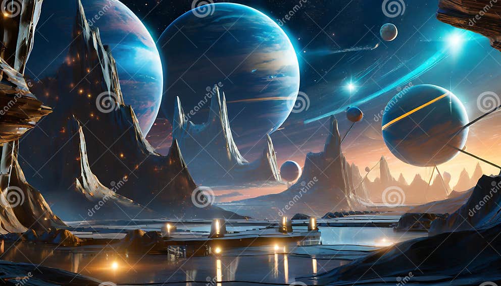 Alien Planet Surface Looking into Space with Other Planets Stock ...