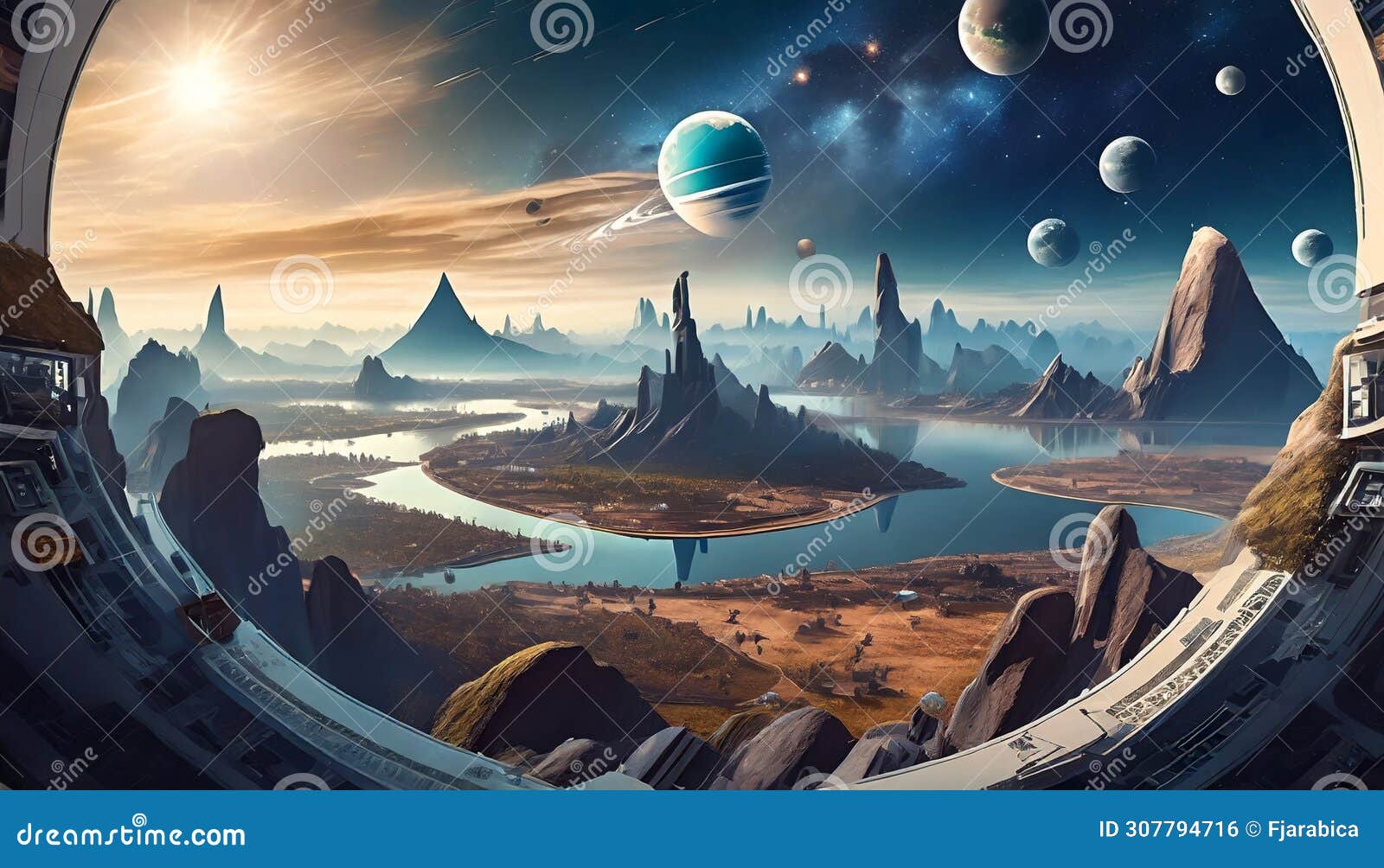 Alien Planet Surface Looking into Space with Other Planets Stock ...