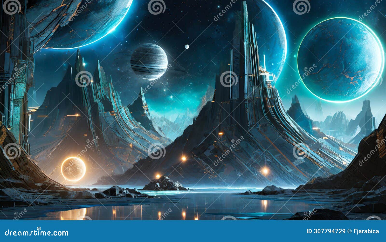 Alien Planet Surface Looking into Space with Other Planets Stock ...