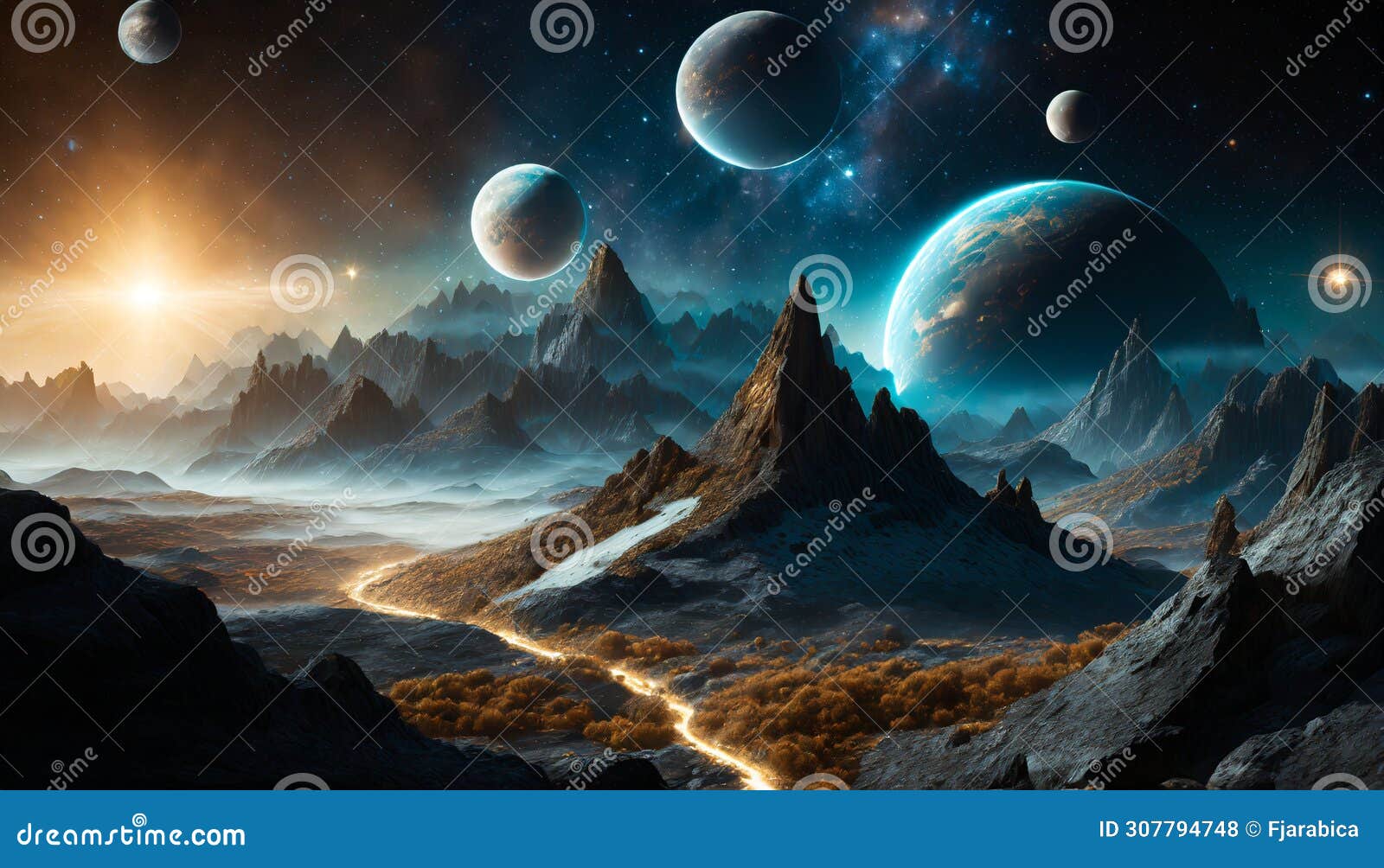 Alien Planet Surface Looking into Space with Other Planets Stock Photo ...