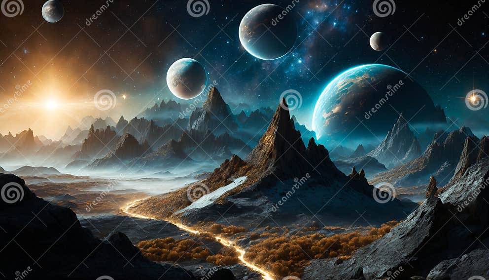 Alien Planet Surface Looking into Space with Other Planets Stock Photo ...