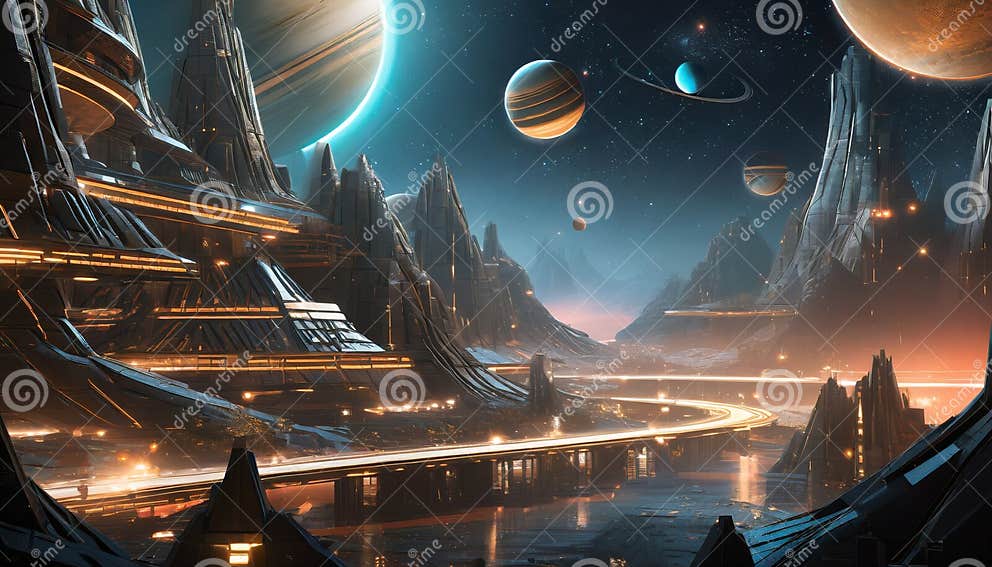 Alien Planet Surface Looking into Space with Other Planets Stock Photo ...