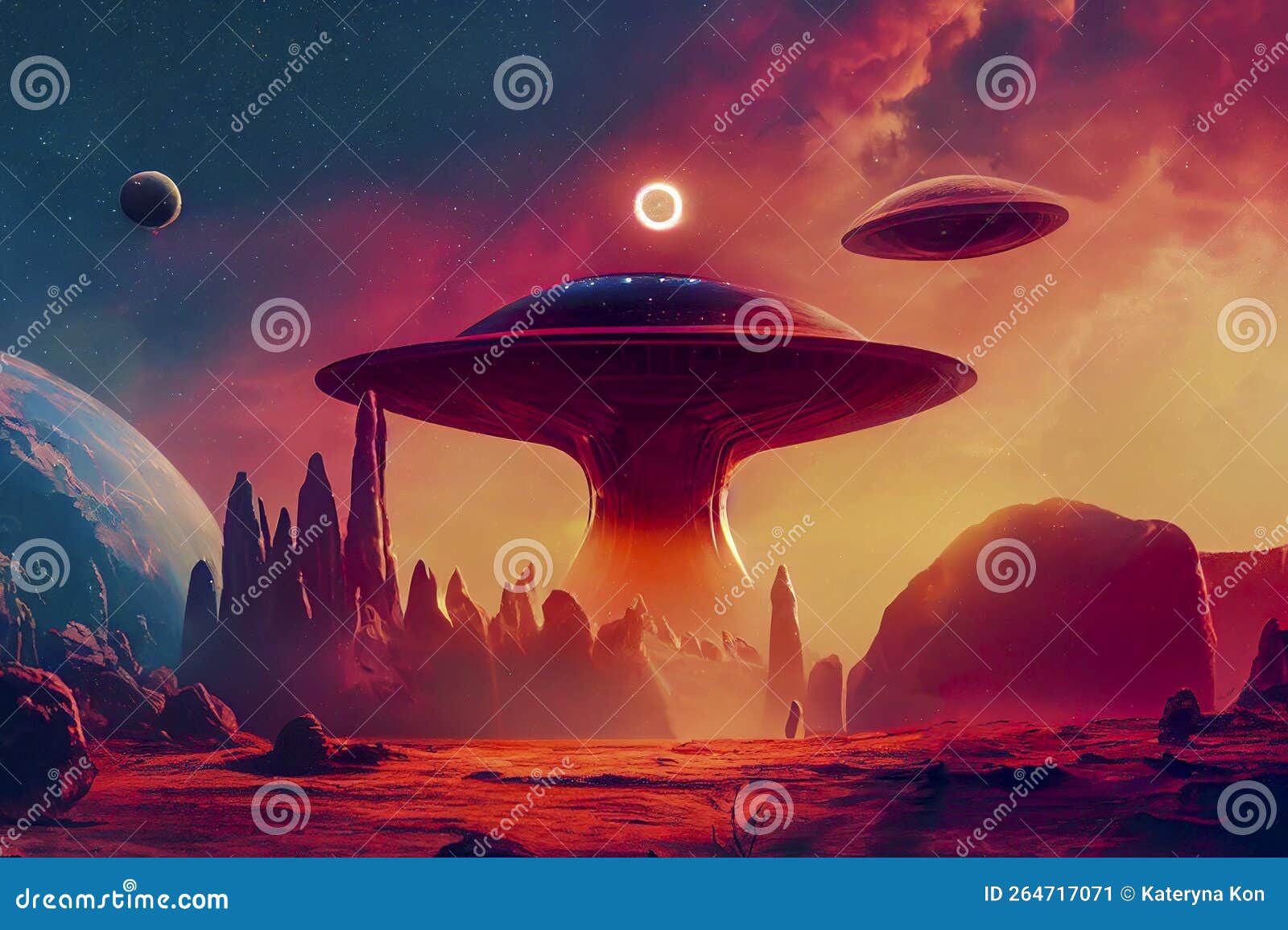 Alien Planet and Ufo Spaceship, Sci-fi Ai Illustration Stock ...