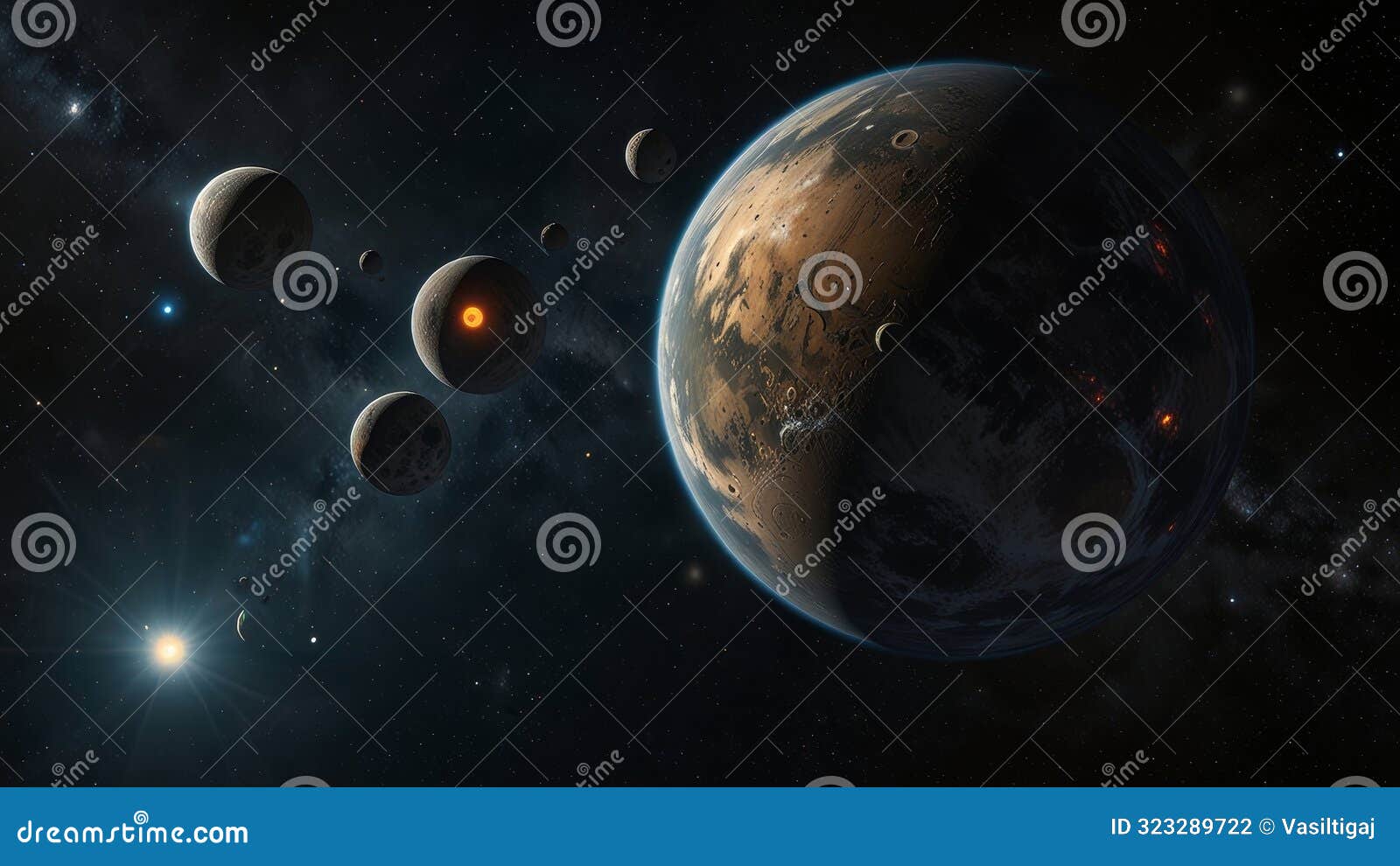 Alien Planetary System with Moons Stock Illustration - Illustration of ...