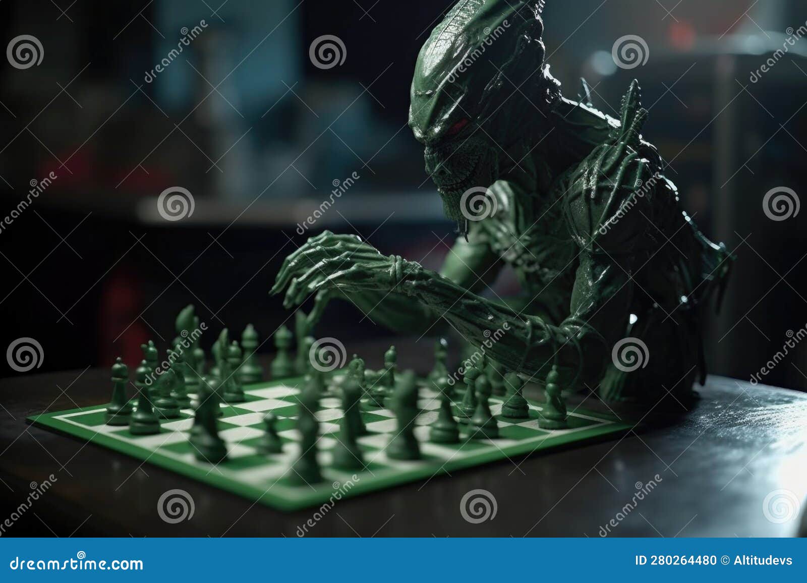 Alien Playing Game of Chess, with Pieces in Hand Stock Illustration ...