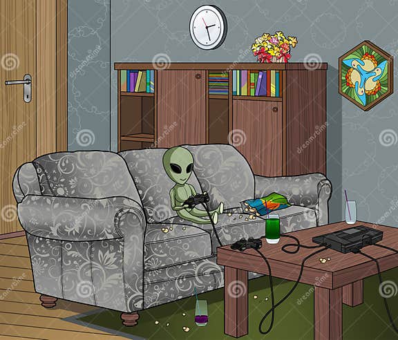 Alien Playing Video games stock vector. Illustration of wood - 20096540