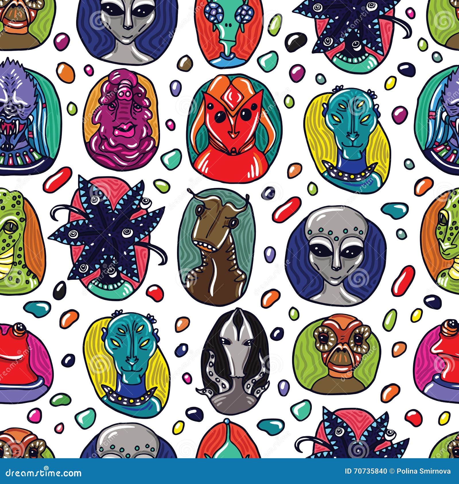 Alien Portraits Cartoon Seamless Pattern Stock Vector - Illustration of ...