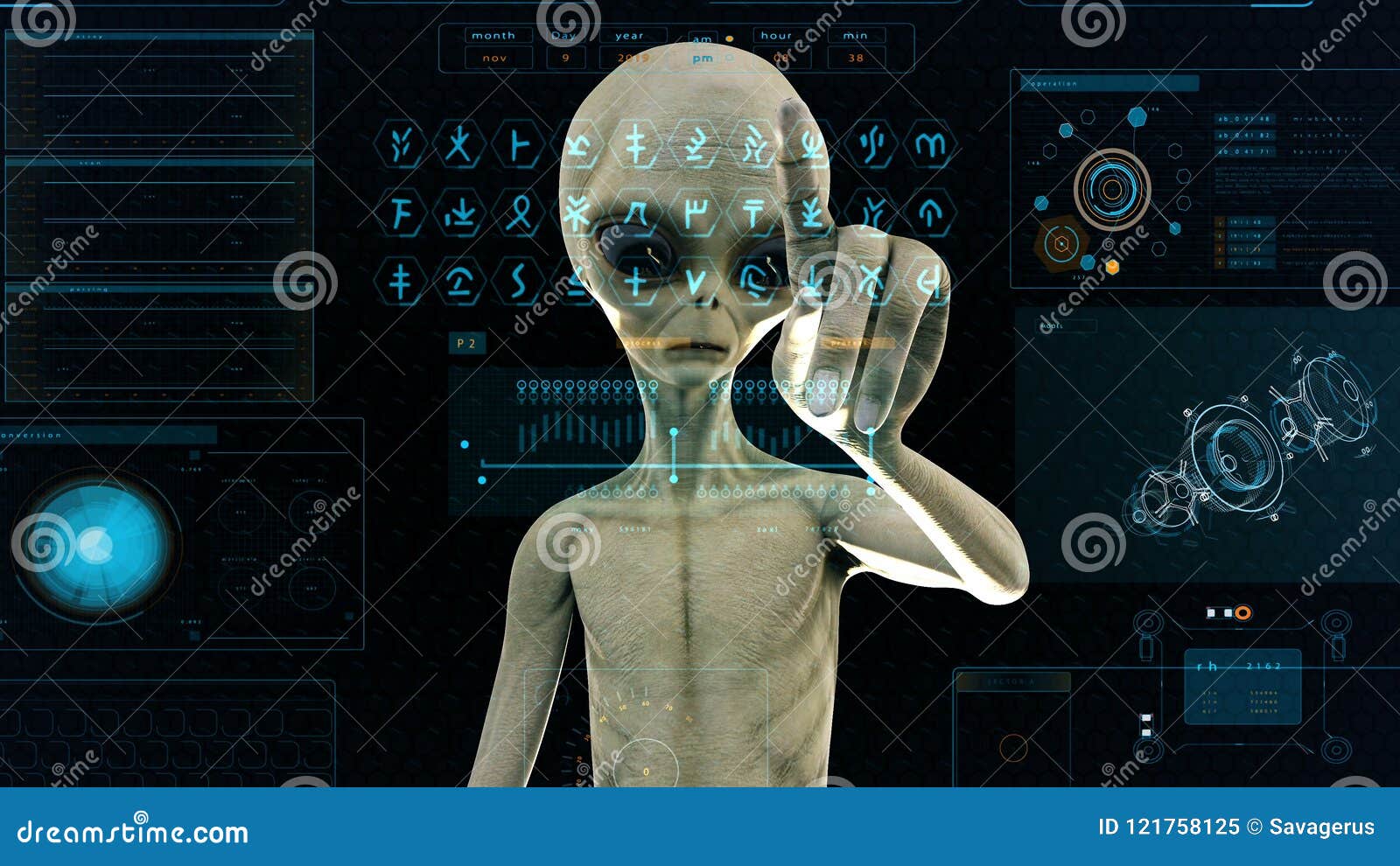 Alien Presses the Keys on Sci-fi Hologram Screen. Realistic Motion ...
