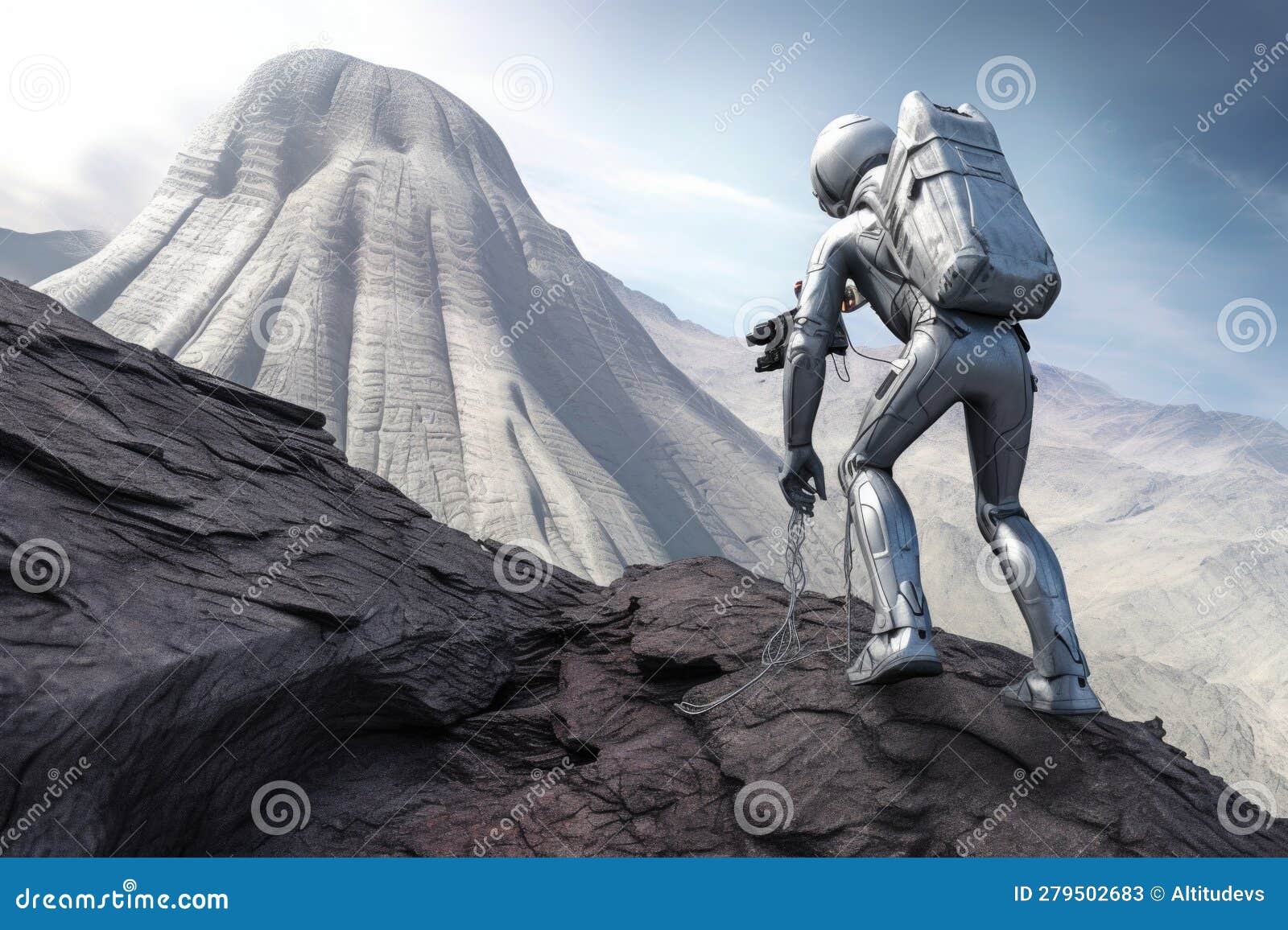 Alien Researcher Climbing Towering Mountain, Collecting Samples and ...