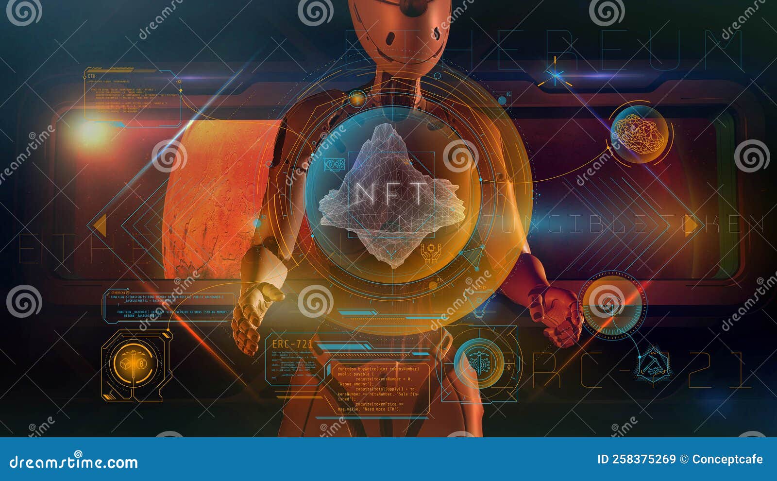 An Alien is Studying Infographics about NFT, 3D Render Stock ...