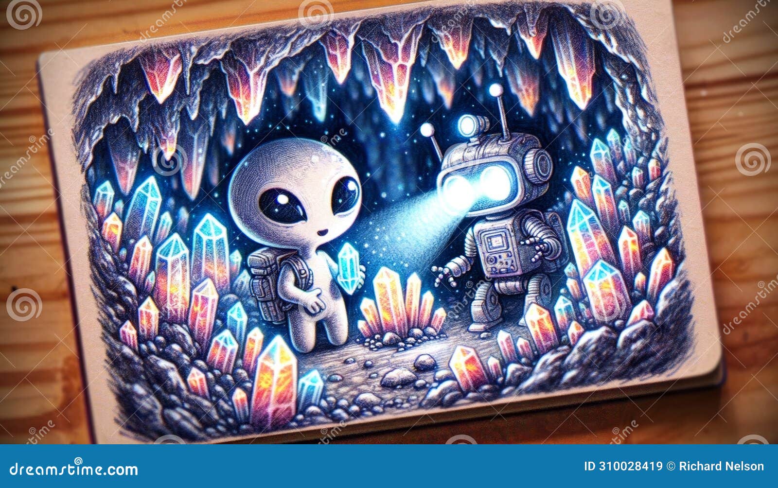 Alien and Robot Exploring a Crystal Cave Stock Illustration ...