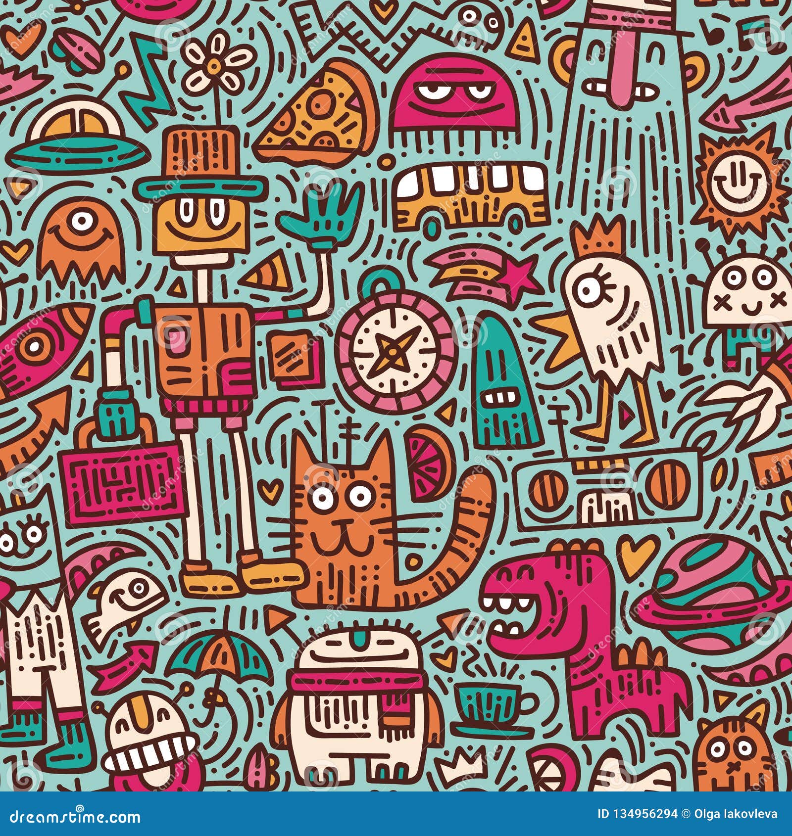 Alien`s Morning Doodle Vector Seamless Pattern Stock Vector ...