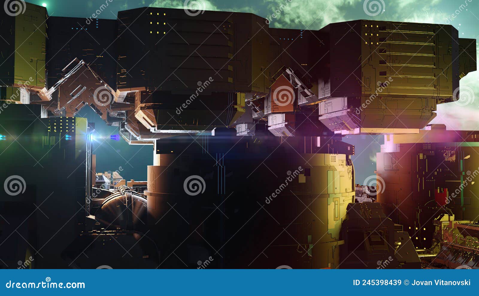 Alien Sci-fi City with Optical Flares Stock Illustration - Illustration ...