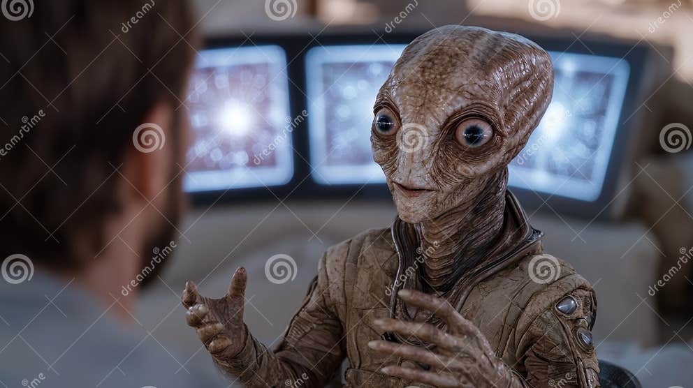 Alien Scientist Examining Computer Screens Stock Illustration ...