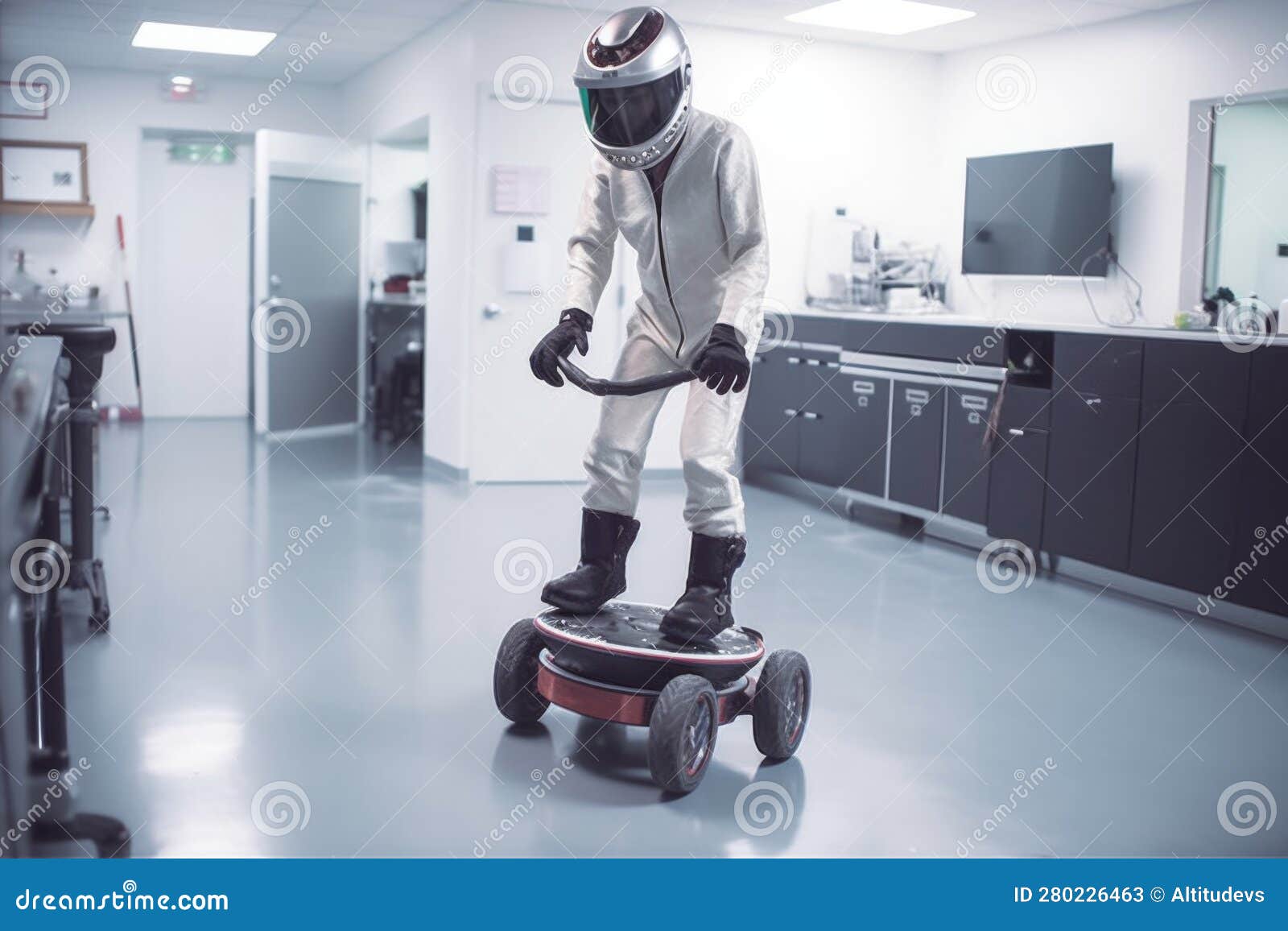 Alien Scientist, Riding Personal Hoverboard through Laboratory Stock ...