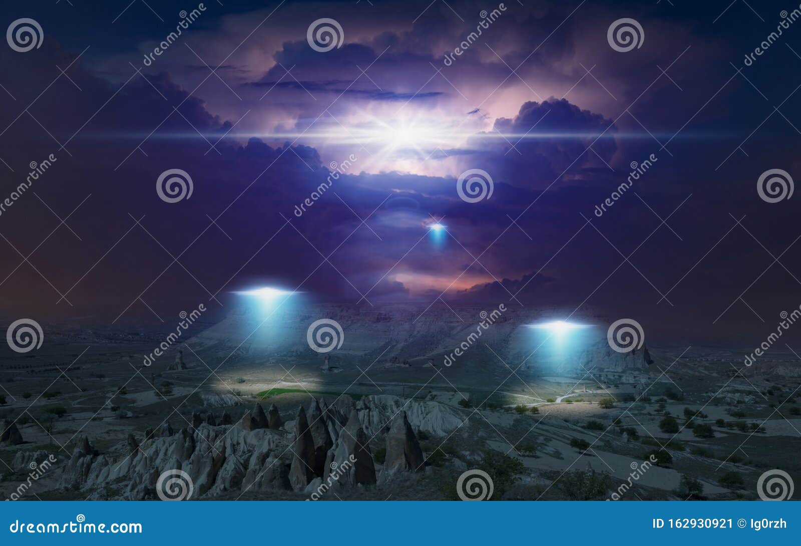 Alien Ships Inspect Planet`s Surface with Bright Spotlights ...