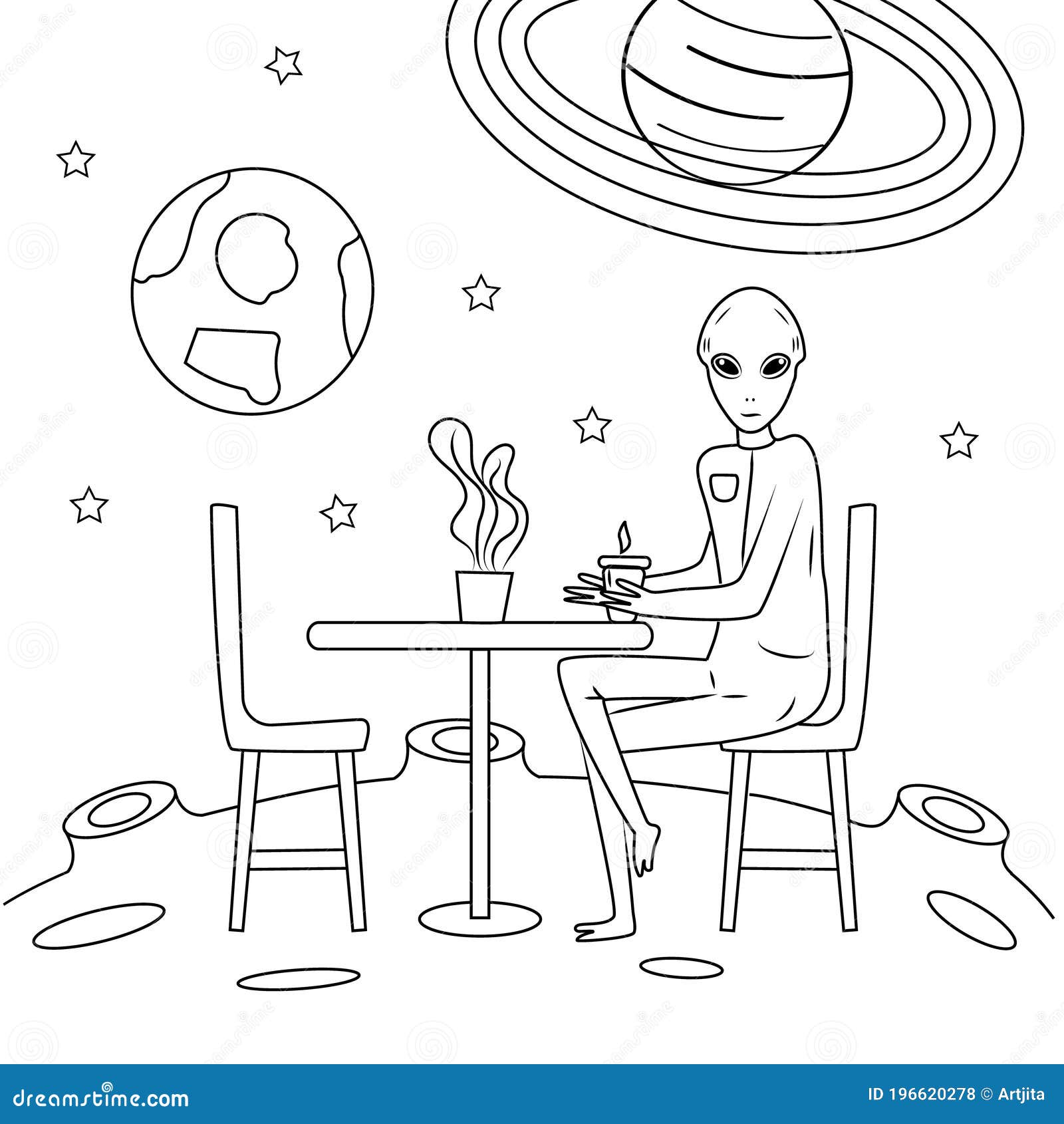 Alien is Sitting at the Table in Cafe on the Moon. Cosmos Invader is ...