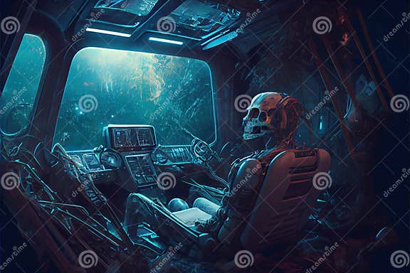 Alien Skeleton Or Android Inside Crashed Spaceship Generative Ai Stock