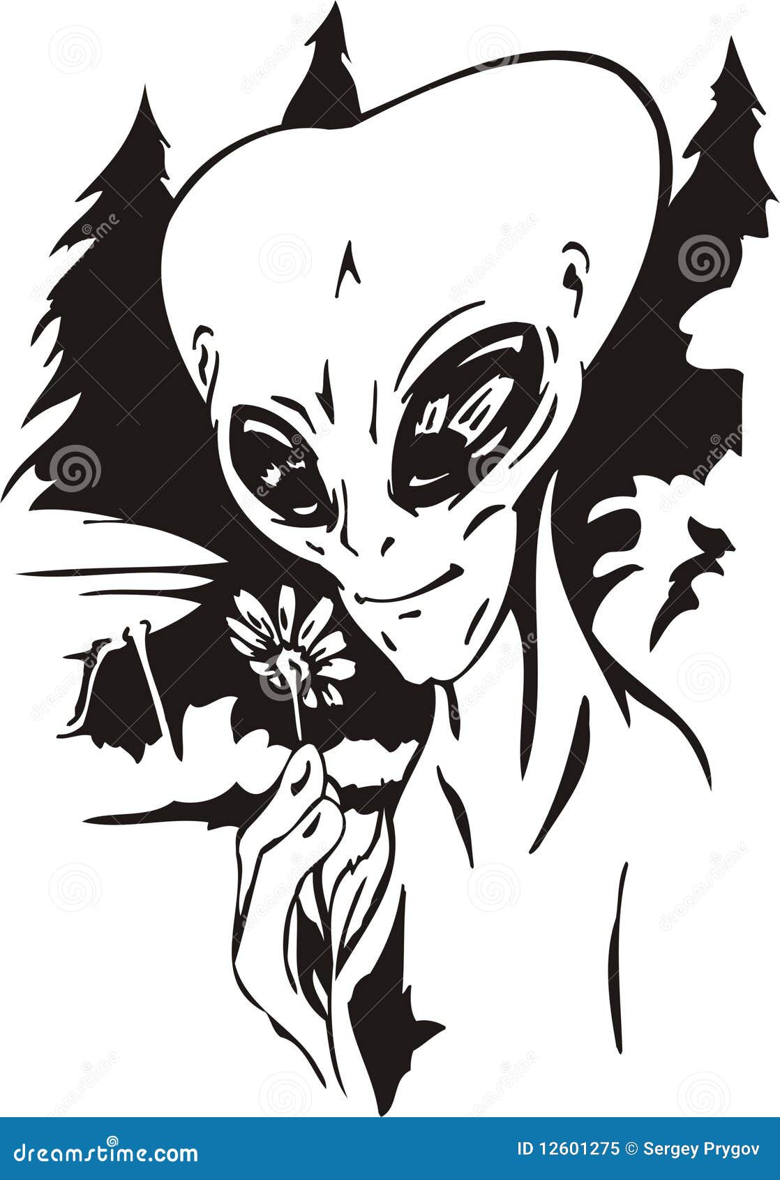 The alien smells a flower. stock vector. Illustration of head - 12601275