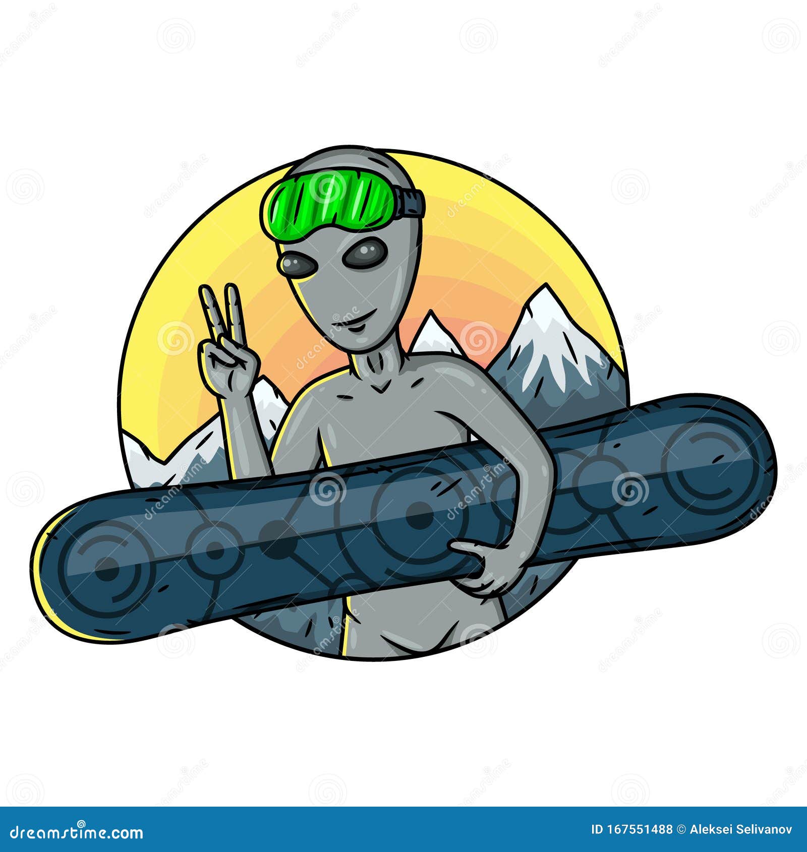 Alien with a Snowboard on the Background of Mountains. Stock Vector ...