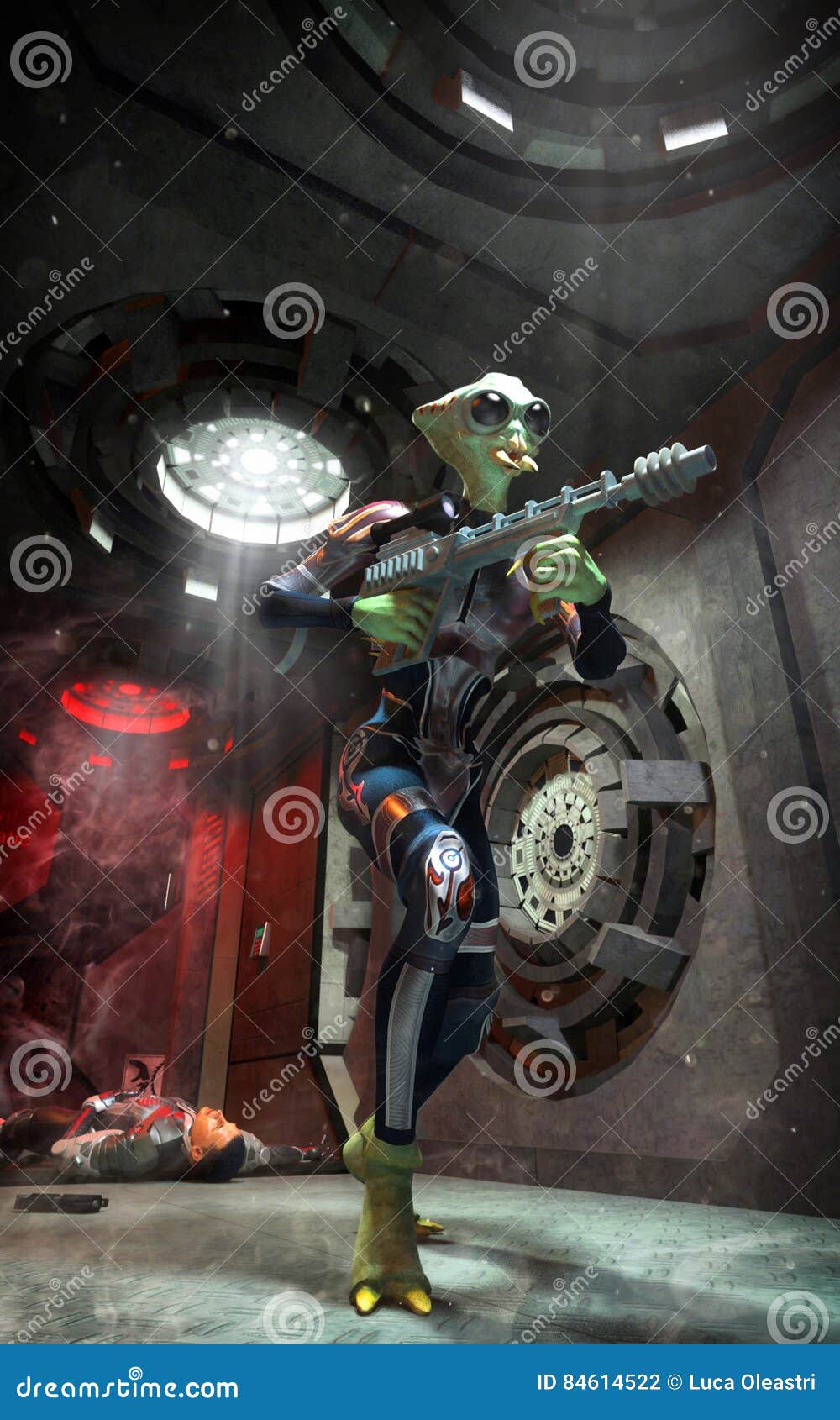 Alien Soldier and Spaceship Corridor Stock Illustration - Illustration ...