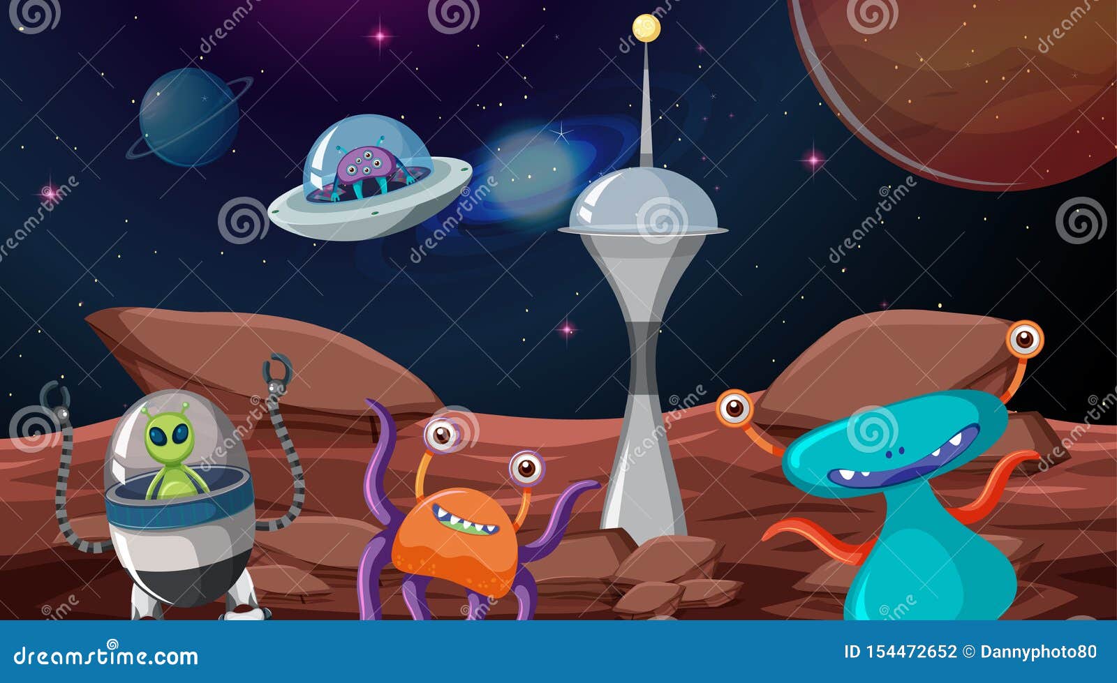 Alien in space scene stock vector. Illustration of planet - 154472652