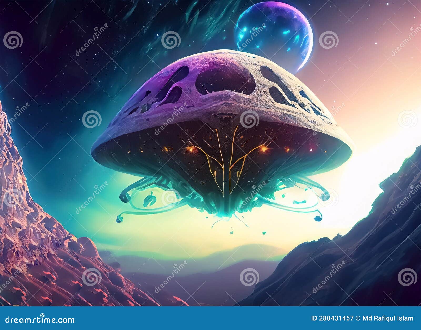 Alien Space Shift Floating in the Sky. Close Up View Stock Illustration ...