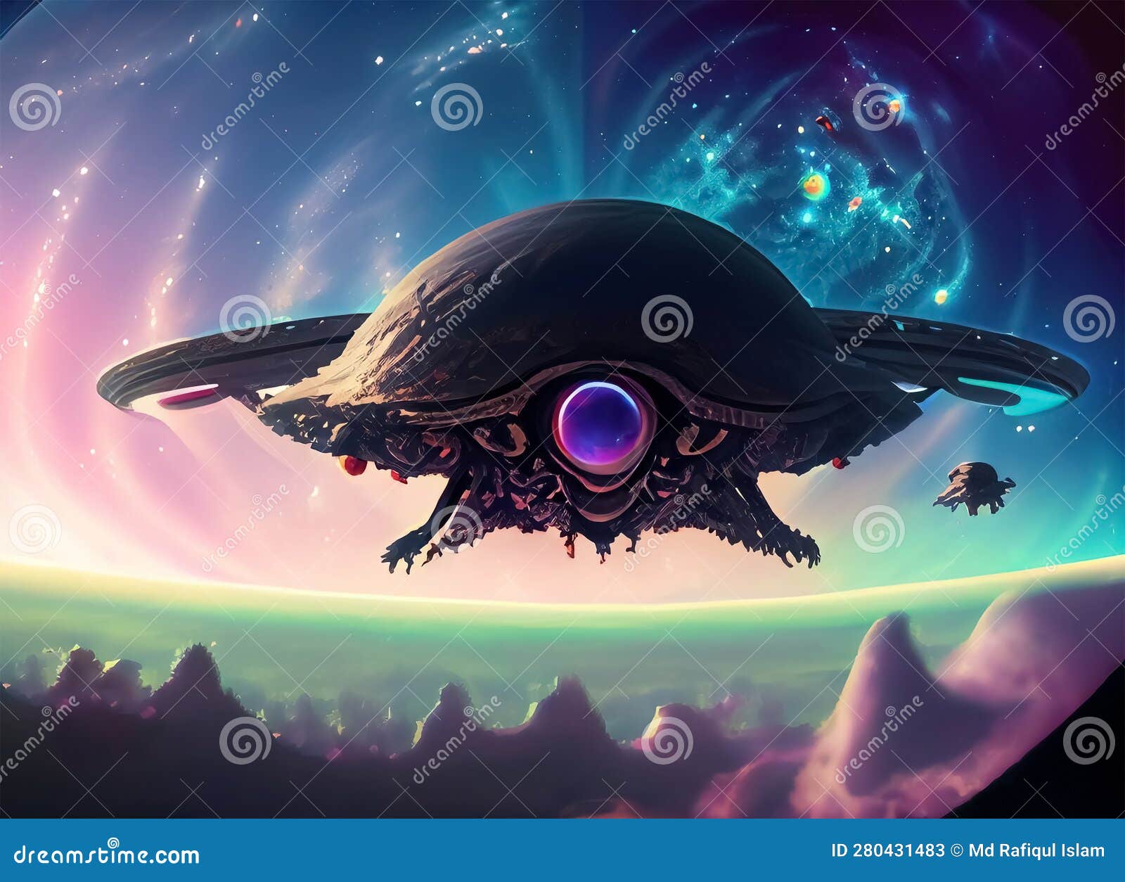 Alien Space Shift Floating in the Sky. Closeup Stock Illustration ...
