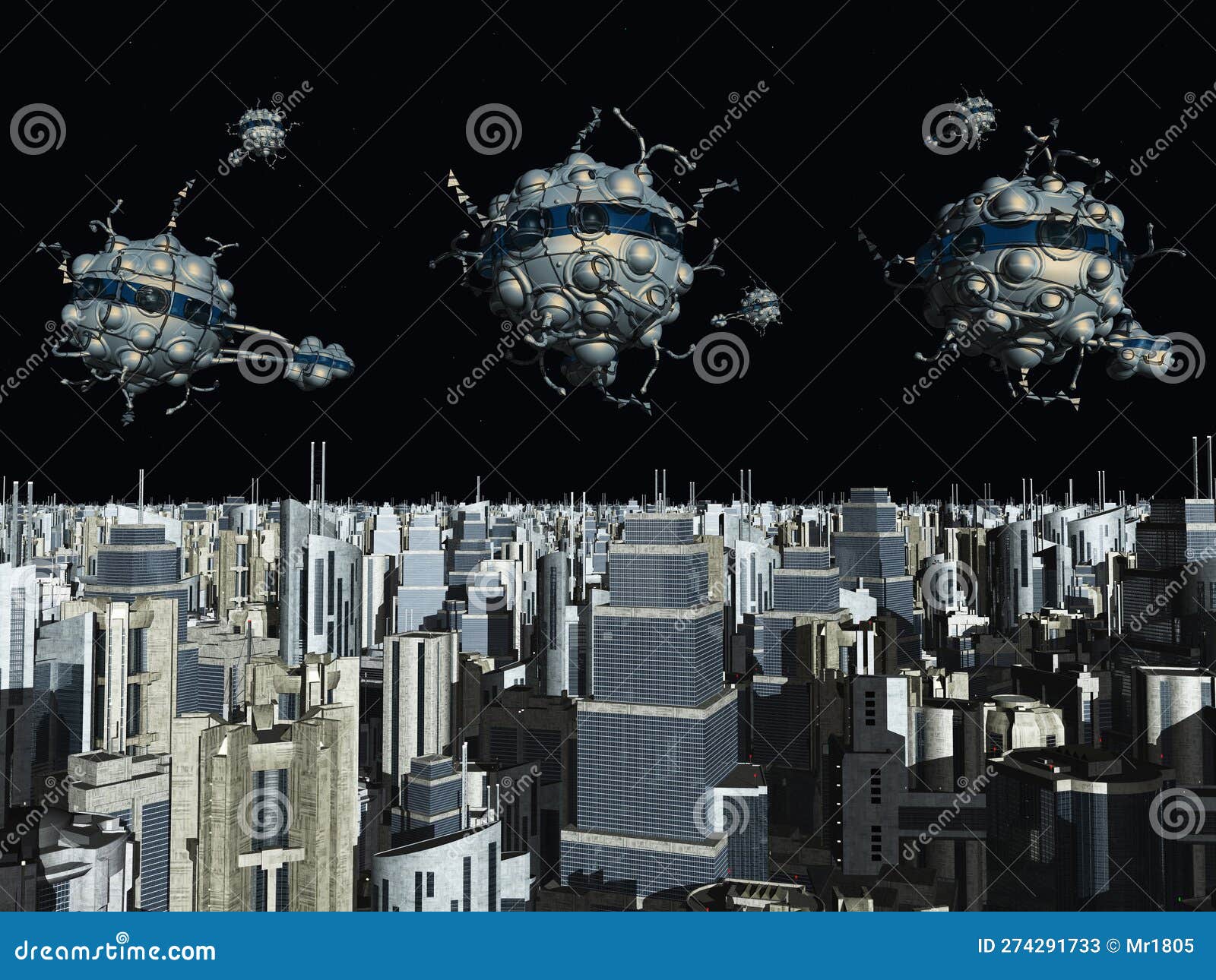 Alien Spacecrafts Over a Futuristic City at Night Stock Illustration ...