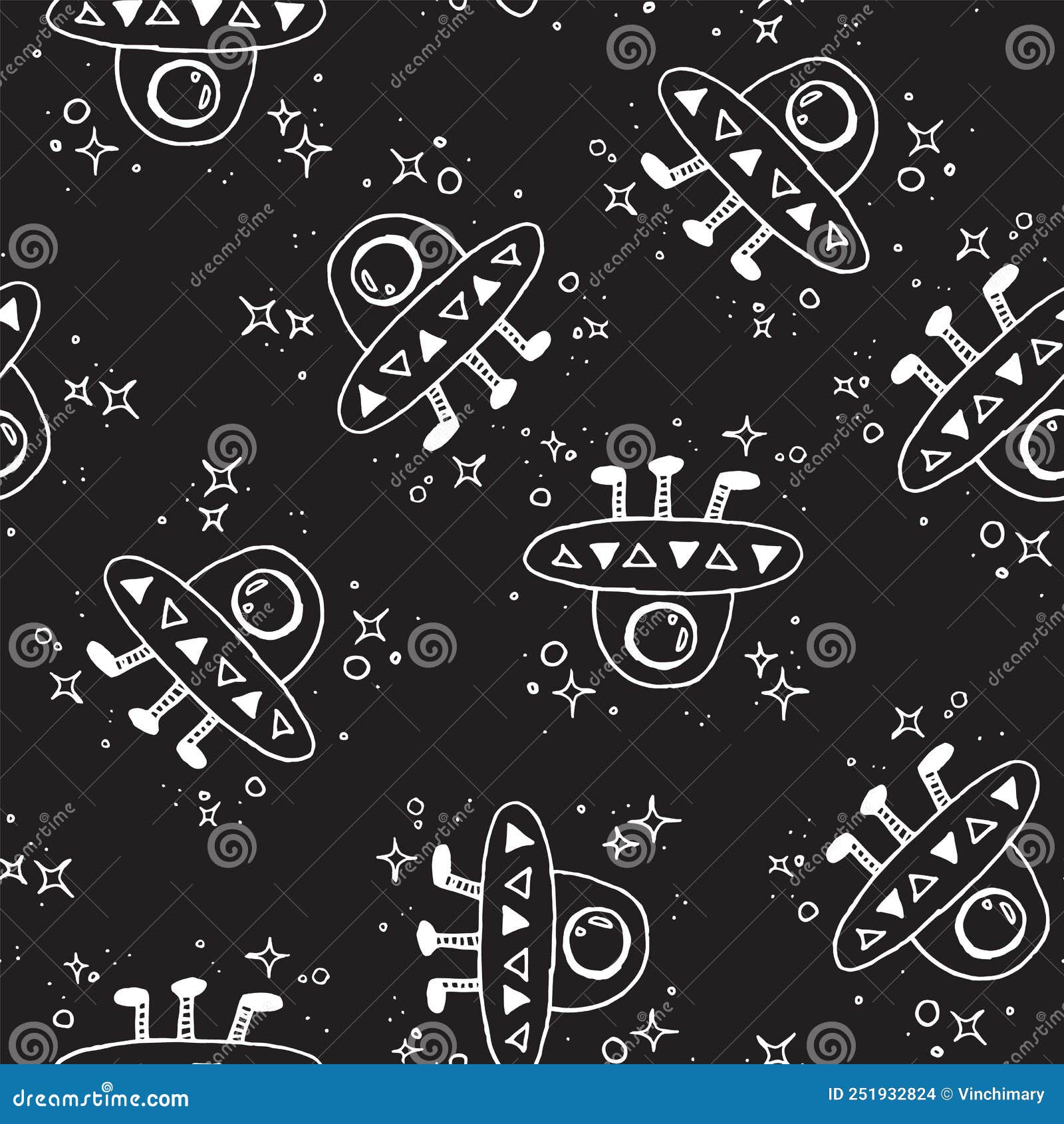 Alien Spaceship Doodle Illustration Seamless Pattern with Black ...