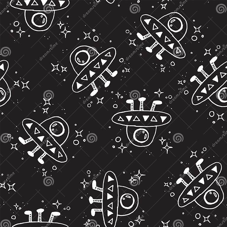 Alien Spaceship Doodle Illustration Seamless Pattern with Black ...