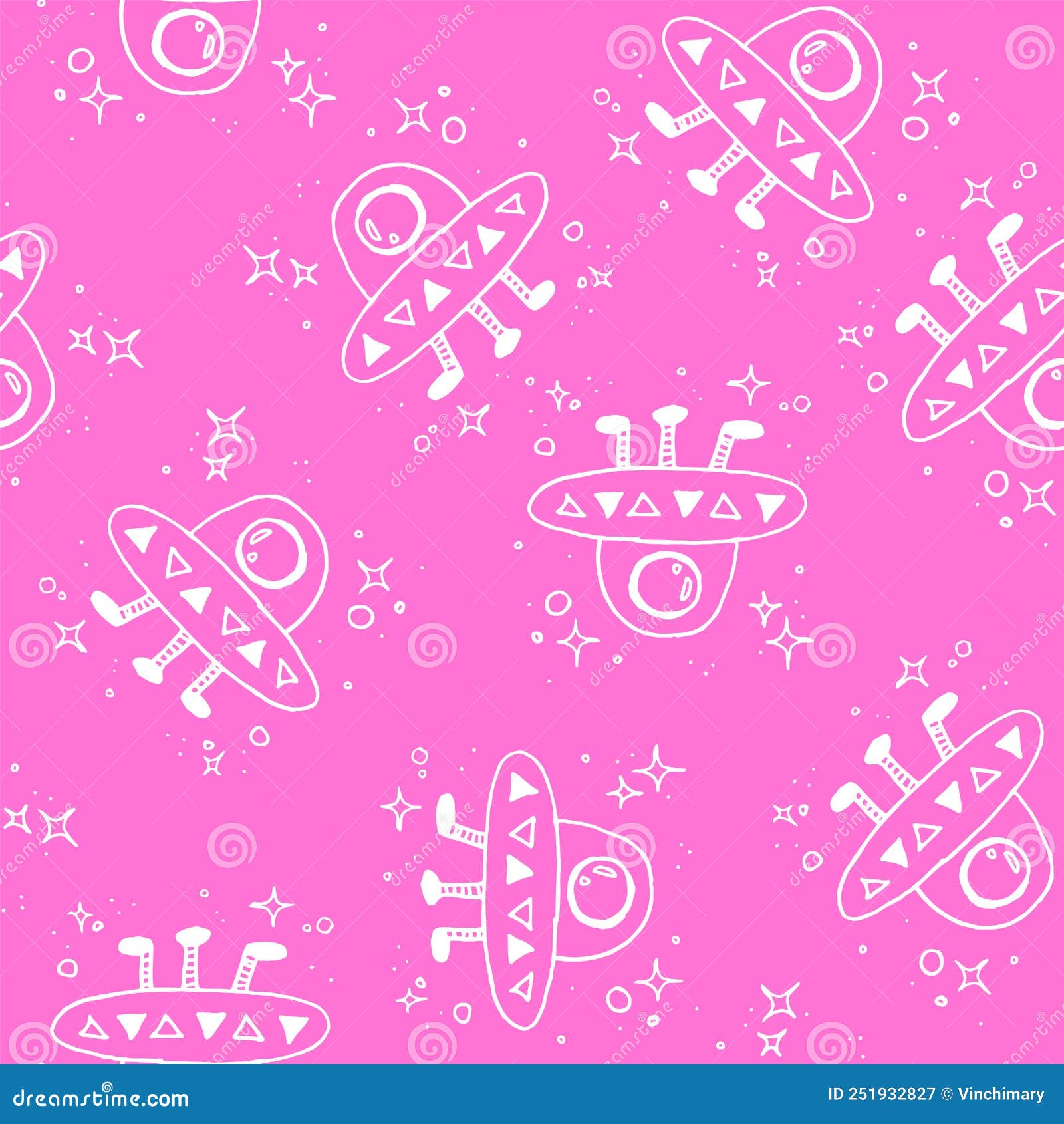 Alien Spaceship Doodle Illustration Seamless Pattern on Pink Background ...