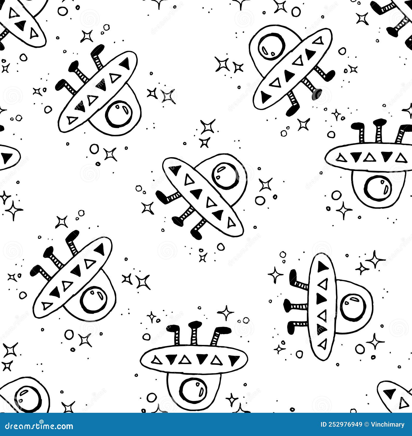 Alien Spaceship Doodle Seamless Pattern on White Background Stock ...