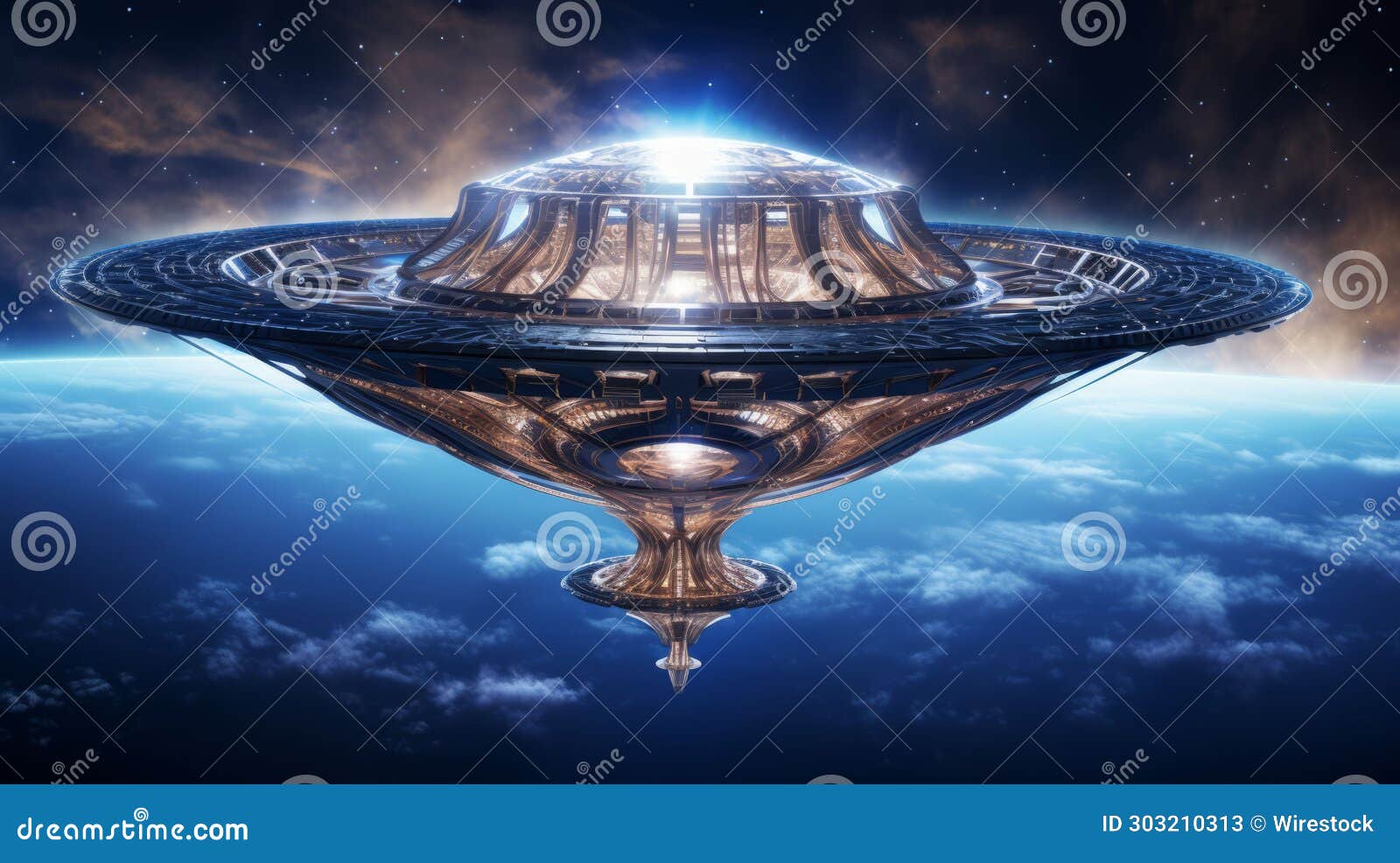 An Alien Spaceship Flying Above the Earth in Outer Space 3d ...