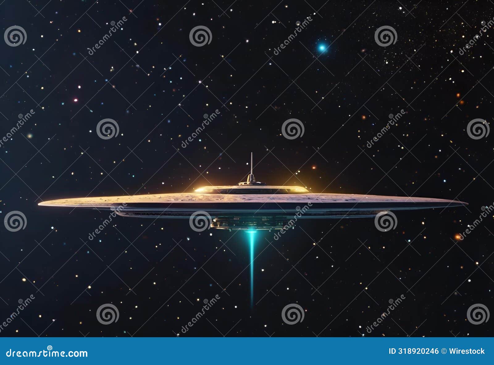 An Alien Spaceship Flying through the Air and Looking Down at it Stock ...