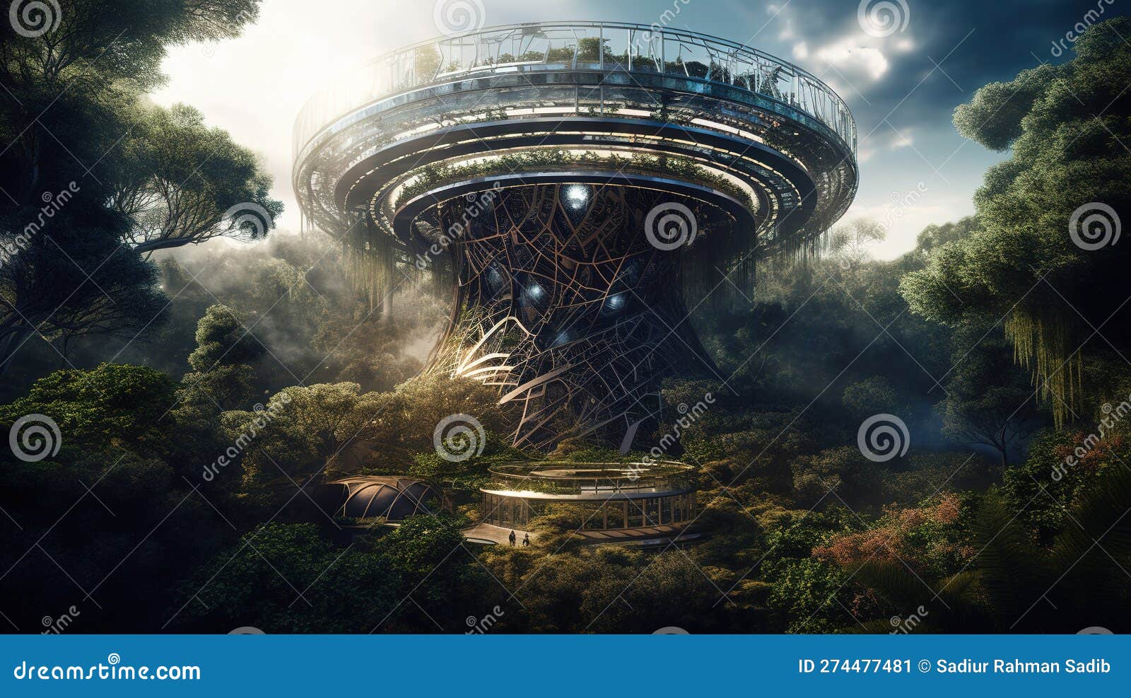 Alien Spaceship in the Green Forest. Futuristic Concept Stock ...