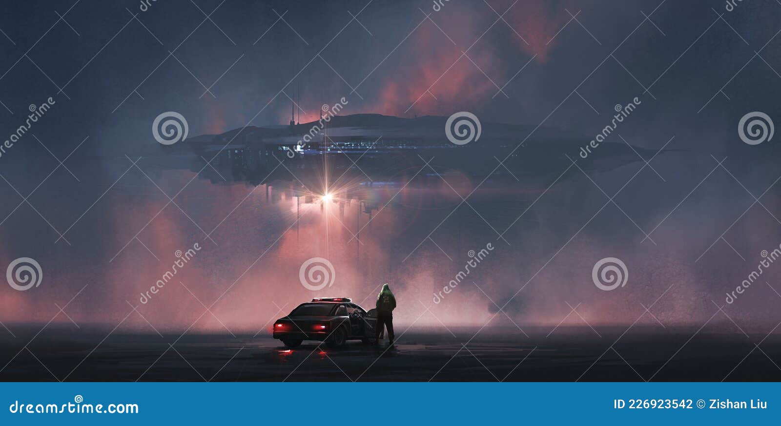 Alien Spaceship Looming in the Clouds, 3D Illustration Stock ...