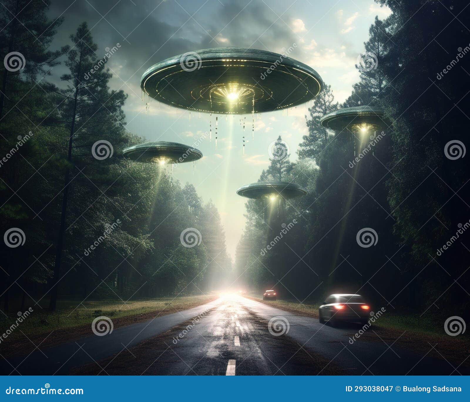 Alien Spaceships UFOs Landing With Laser Beams Royalty-Free Stock Image ...